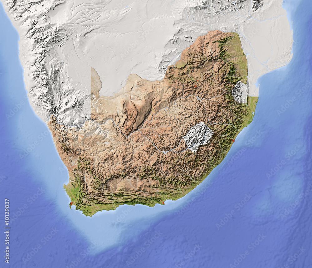 South Africa. Shaded relief map, colored for vegetation Stock ...