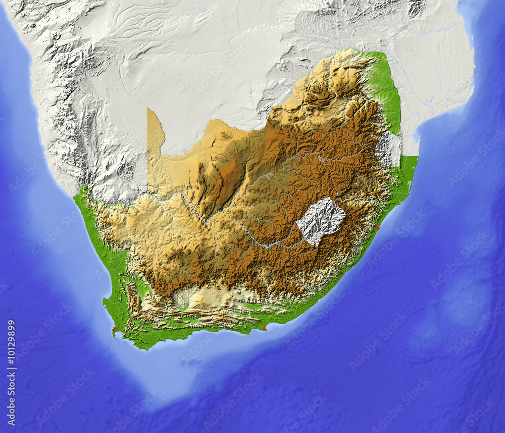 South Africa. Shaded relief map, colored for elevation Stock ...