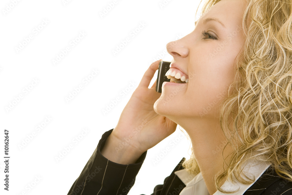 Blonde Frau in Businesskleidung telefoniert mit ihrem Handy Stock Photo ...