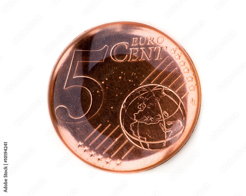 Fünf Euro Cent Münze Button - Kupfermünze isoliert auf weiß Stock-Foto ...