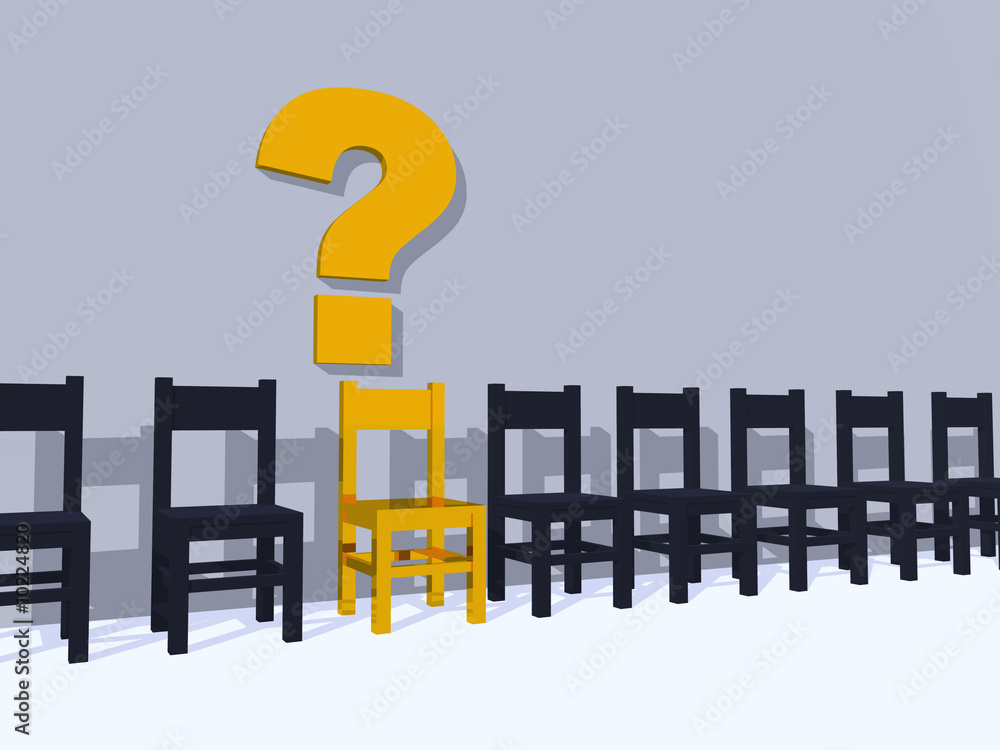 row of chairs, one in yellow and question mark - 3d illustration Stock ...