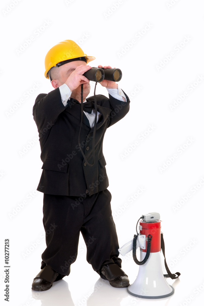 Little man, dwarf construction supervisor with megaphone Stock Photo ...