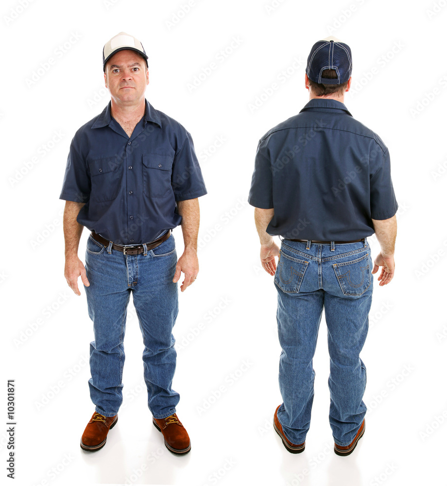 Front and back views of blue collar working man, isolated Stock Photo ...