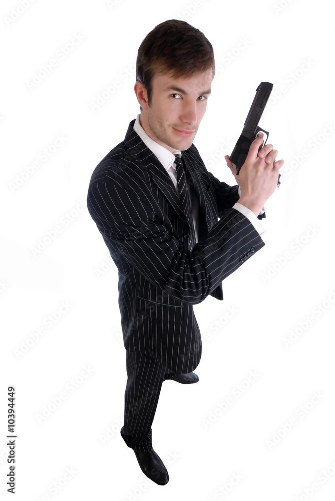 security guard in black suit and pistol in hands Stock Photo | Adobe Stock