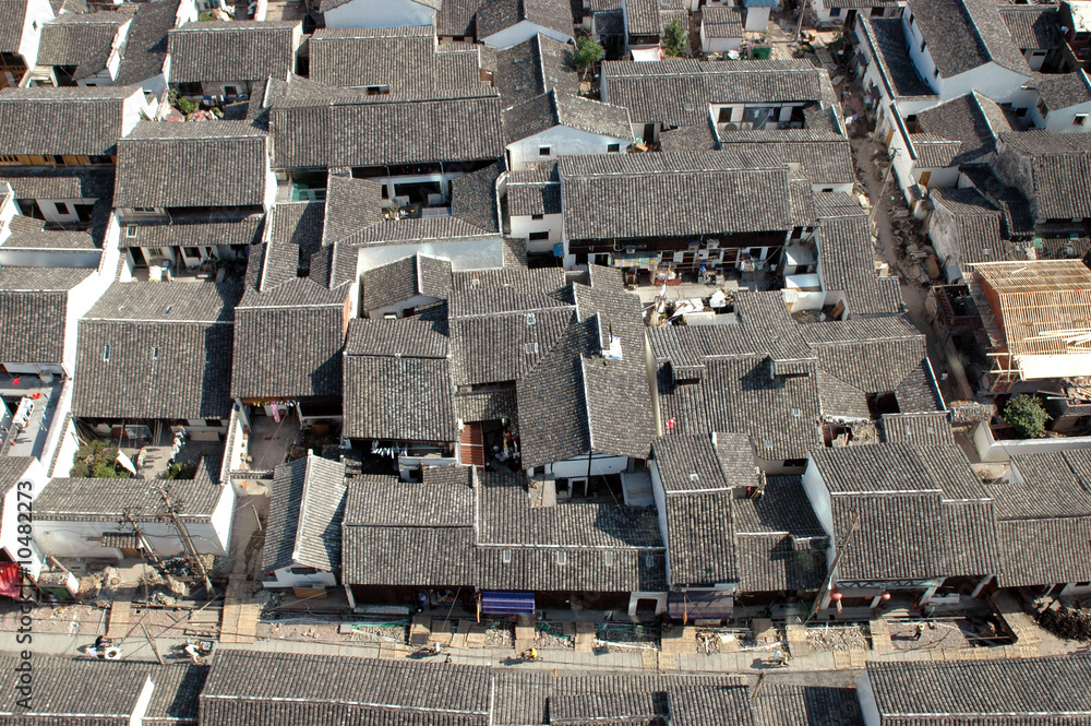 Houses in Shaoxing city, China. Bird's eye view showing roofs Stock ...