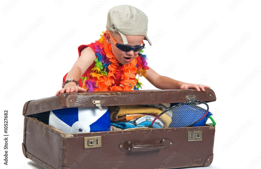 Poster Little boy trying to fit all his stuff for the summer vacation ...
