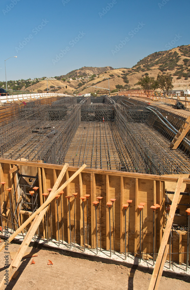 Highway bridge construction project showing rebar and wood Stock Photo ...