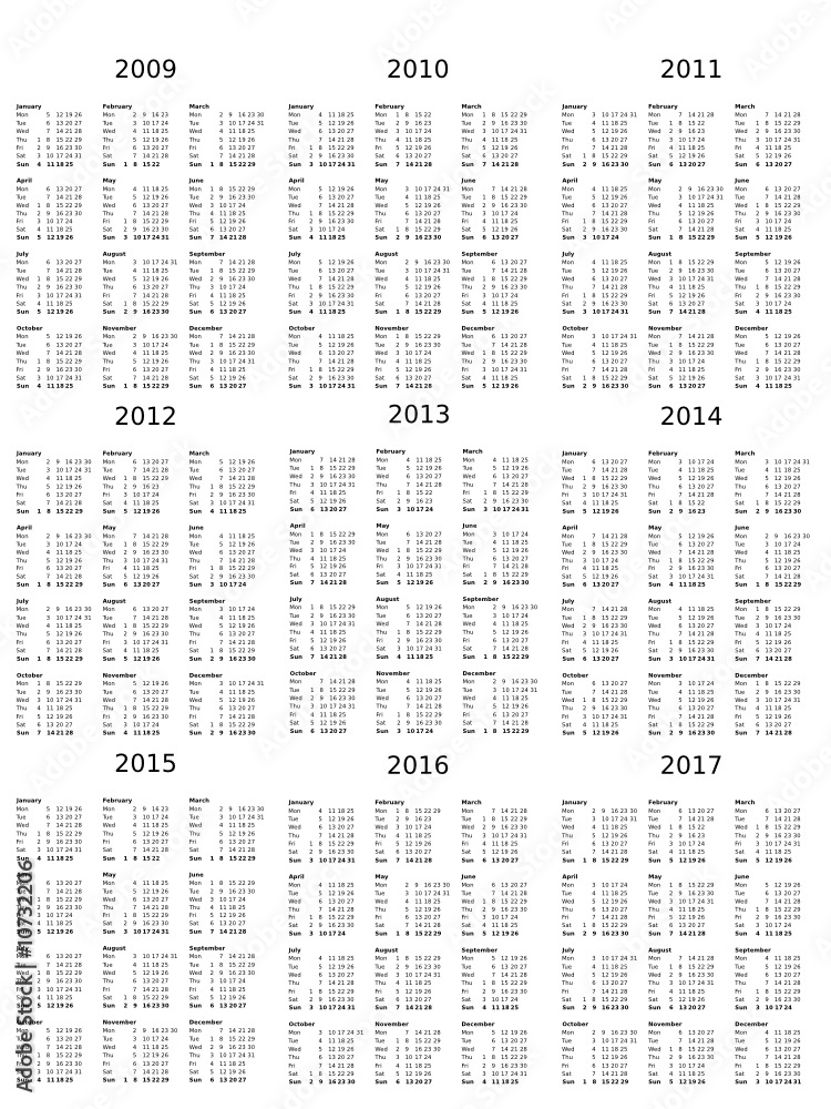 Nine years calendar from 2009 to 2017 - Vector Stock Vector | Adobe Stock