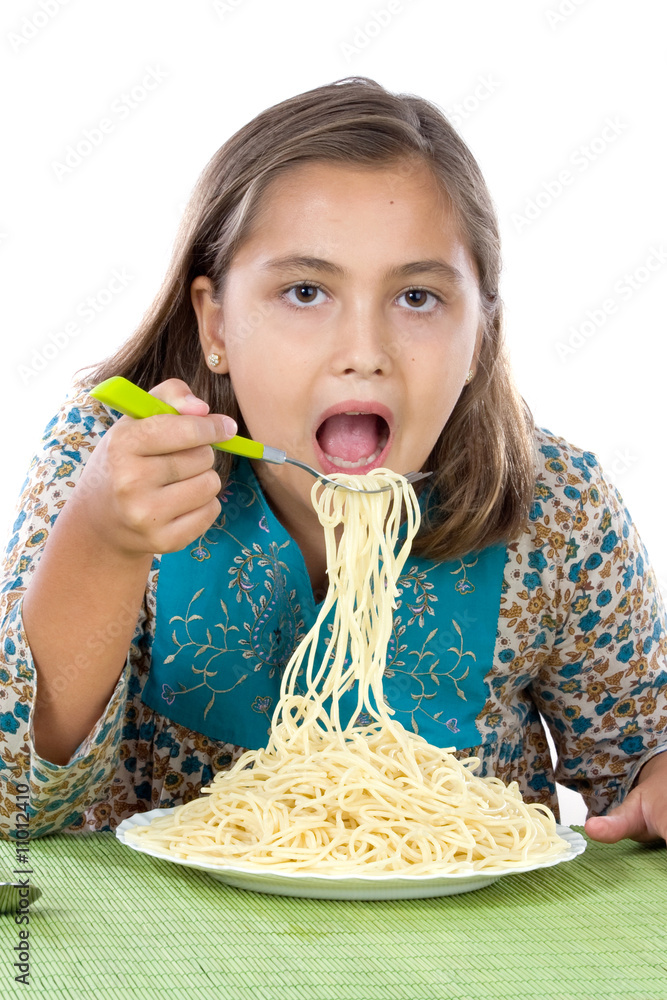 Precious girl eating spaghetti Stock Photo | Adobe Stock