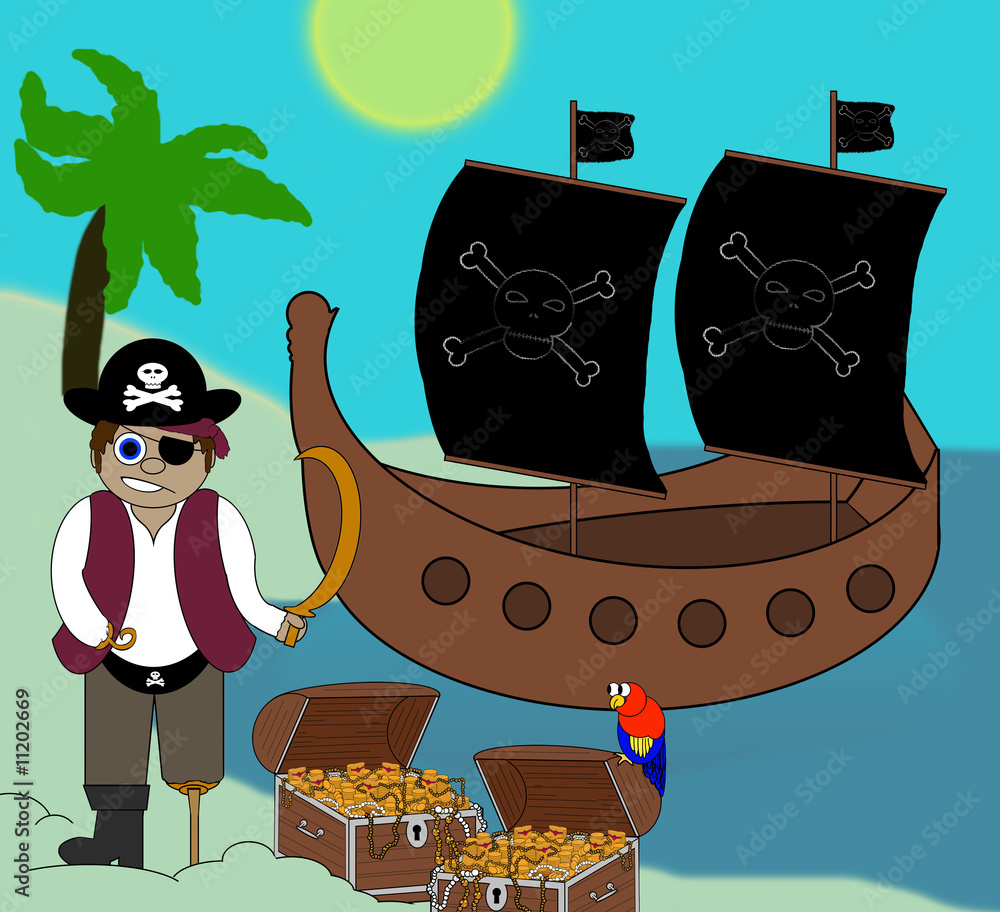 Pirate Cartoon With Ship & Treasure - Isolated on white Stock ...