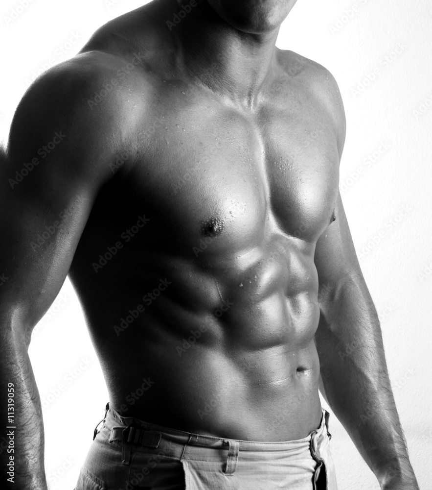 abbs on strong fitness man on white background Stock Photo | Adobe Stock