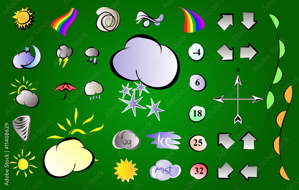 Collection Set of 28 Weather Map Icons Colourful Cartoon Styled Stock ...