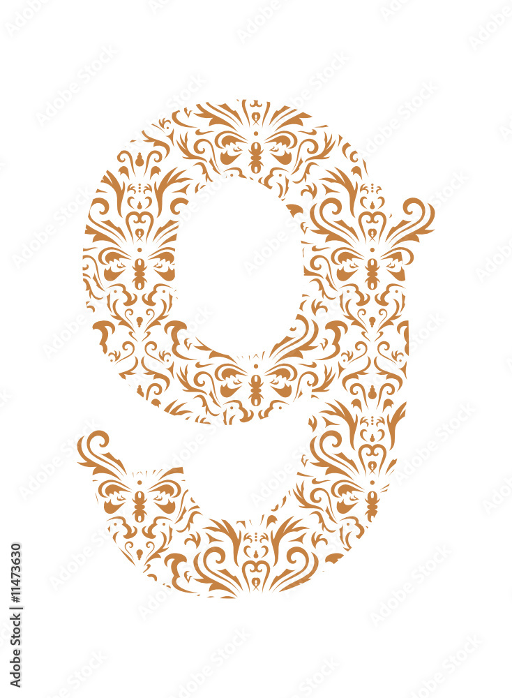 Floral number 9. Ornament font Stock Vector | Adobe Stock