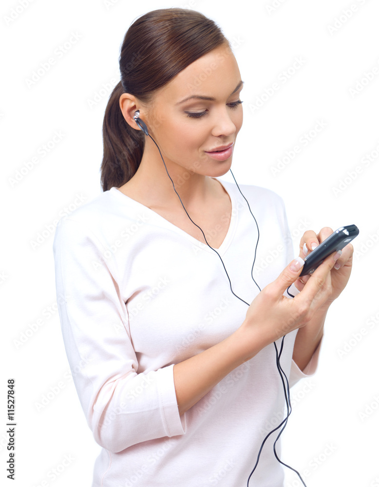 Beautiful young lady is listen to the music, isolated Stock Photo ...