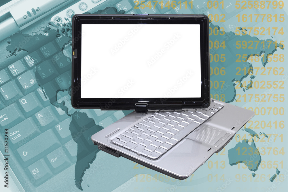 Notebook with a background with laptop world map and numbers Stock ...