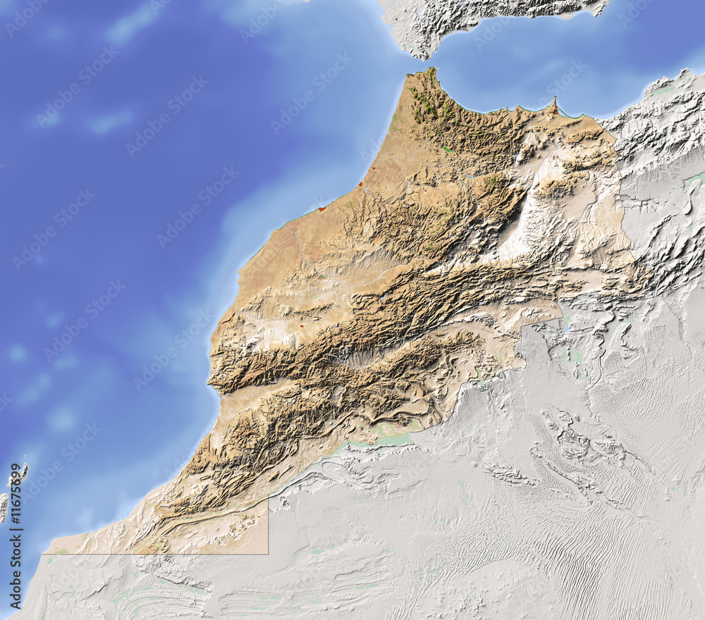 Morocco, shaded relief map, colored for vegetation Stock Illustration ...