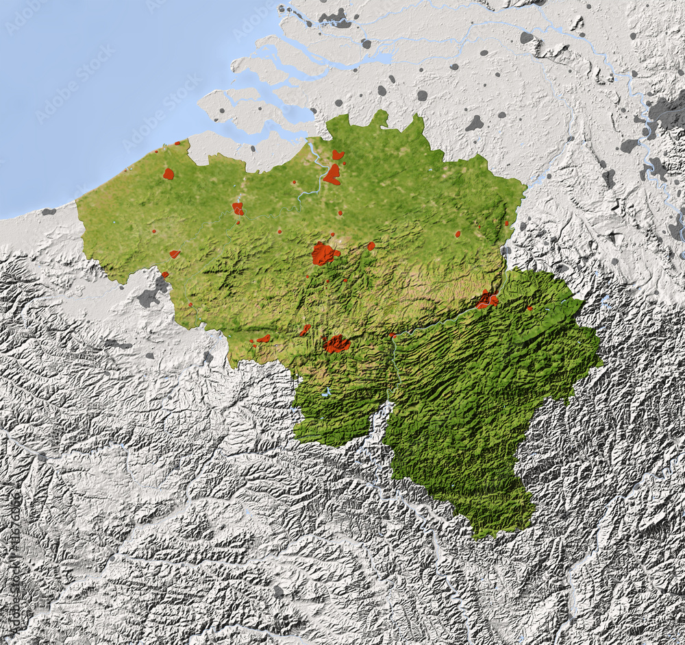 Belgium, shaded relief map, colored for vegetation Stock Illustration ...