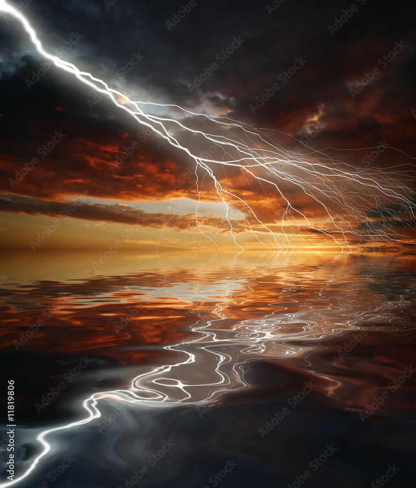 Lightning on sunset sky background Stock Illustration | Adobe Stock