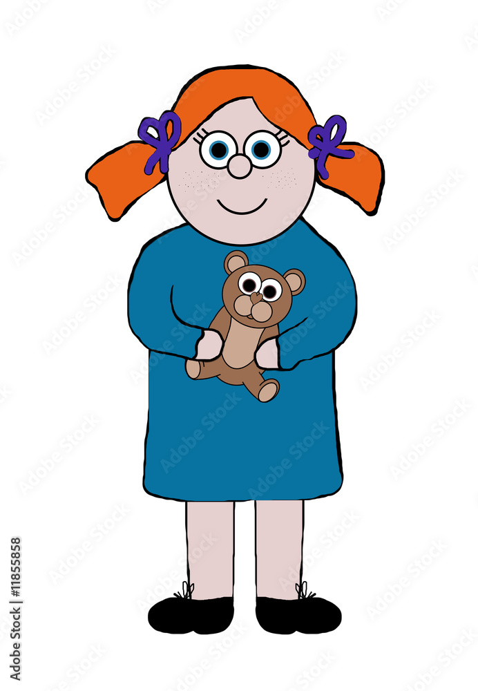 Red headed Cartoon Child & Bear - Isolated On White Stock Illustration ...