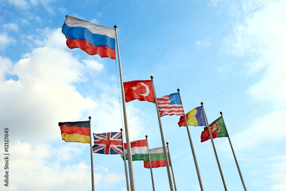 Russian flag above other countries' flags Stock Photo | Adobe Stock