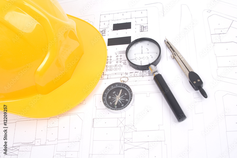 Building projects with architect drawing and protective tools Stock ...