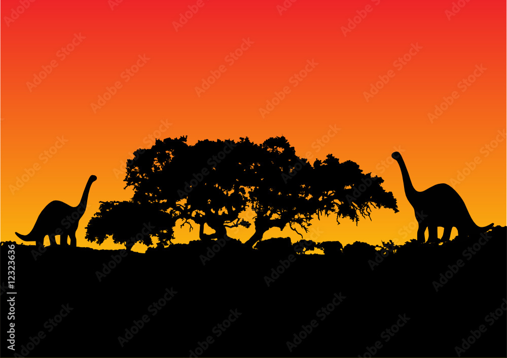 illustration of a dinosaur with sunset background Stock Vector | Adobe ...
