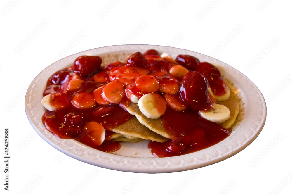 pancakes aux fraises et banane et coulis de fruits rouge Stock Photo ...