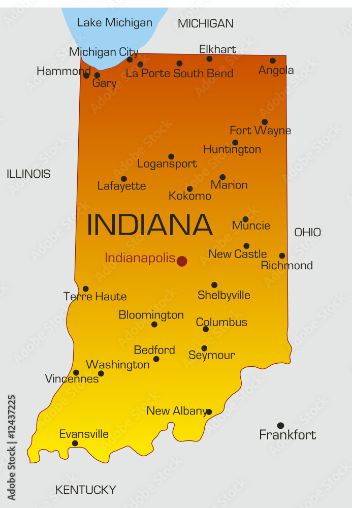 Vector color map of Indiana state. Usa Stock Vector | Adobe Stock
