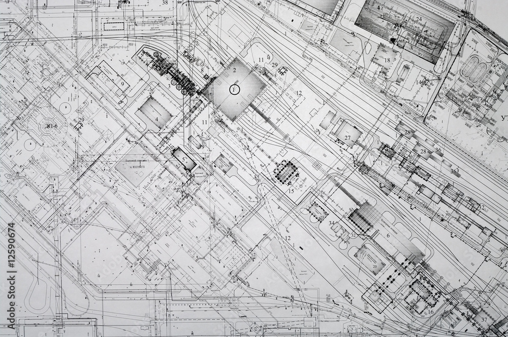 Black and white dimensional drawing. General plan of plant. Stock Photo ...