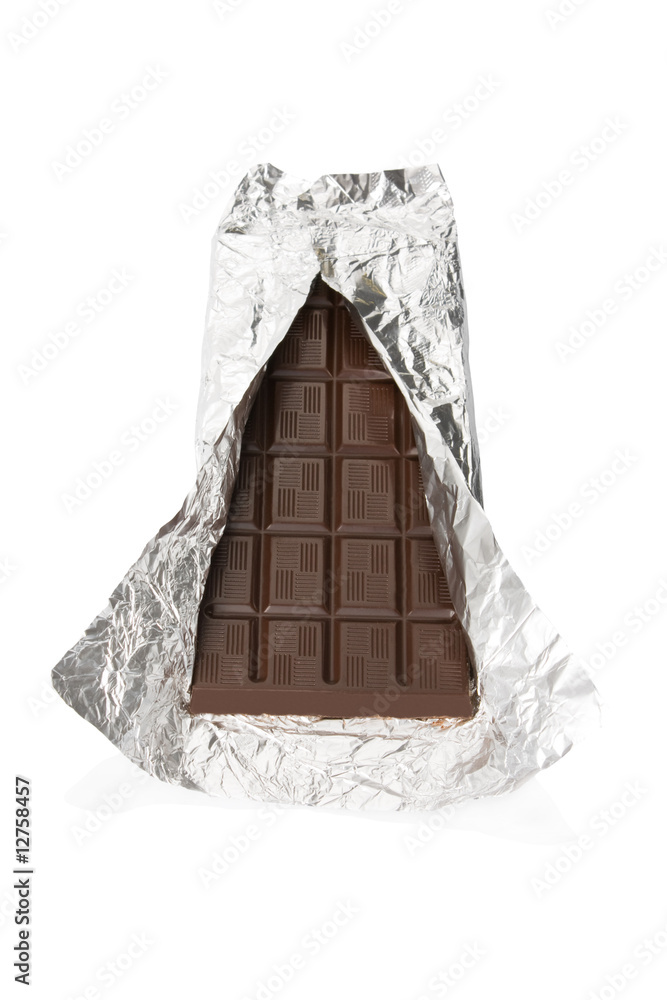 Dark chocolate bar inside tin foil isolated on white background. Stock ...
