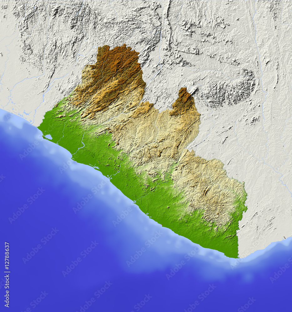 Liberia, shaded relief map, colored for elevation Stock Illustration ...