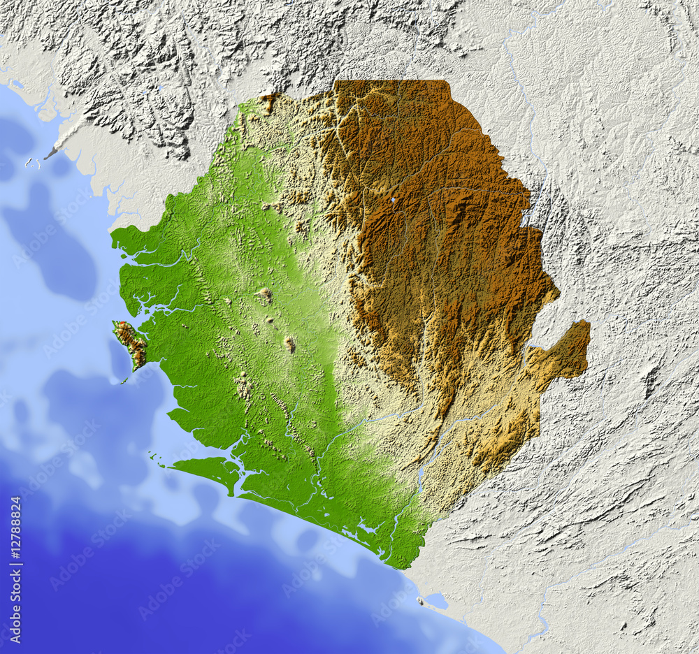 Sierra Leone, shaded relief map, colored for elevation Stock ...