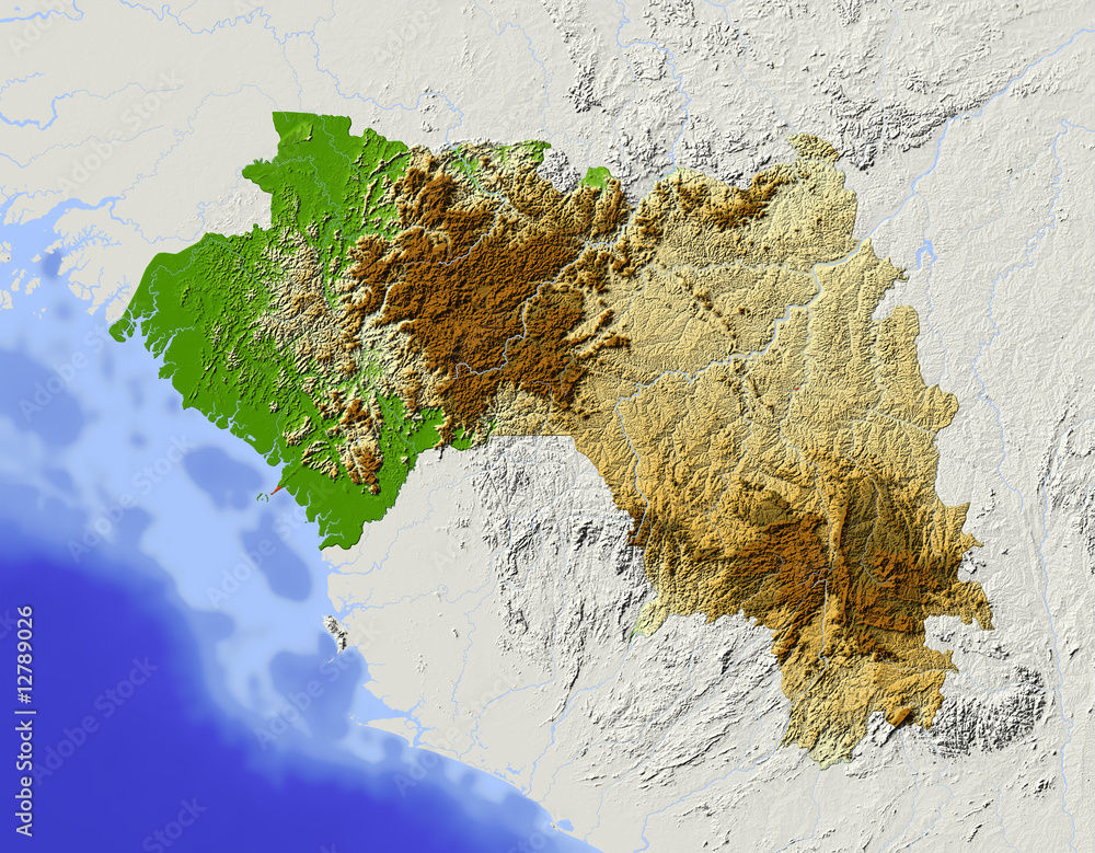 Guinea, shaded relief map, colored for elevation Stock Illustration ...