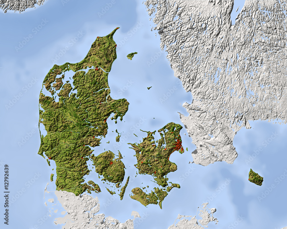 Denmark, shaded relief map, colored for vegetation Stock Illustration ...