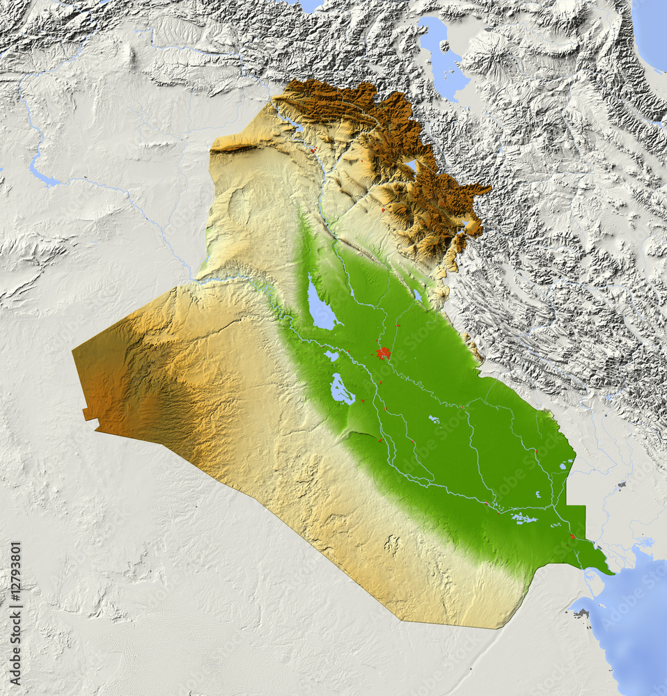 Iraq, shaded relief map, colored for elevation Stock Illustration ...