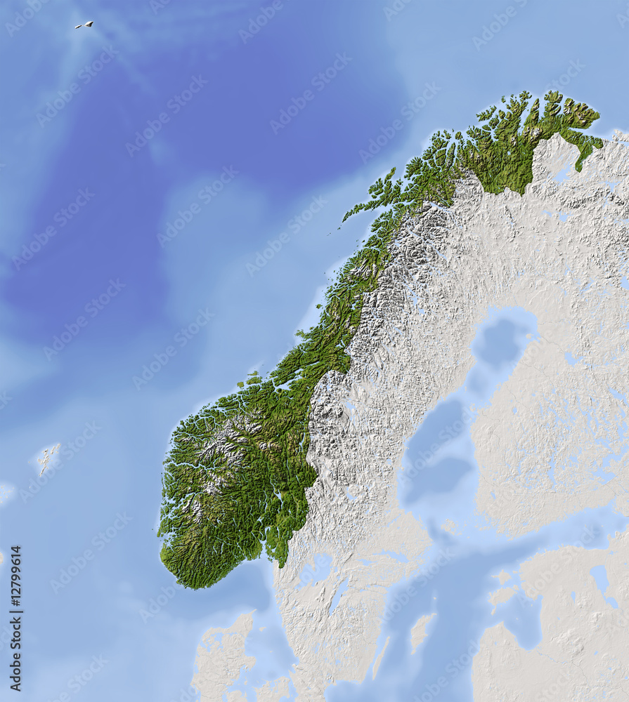 Norway, shaded relief map, colored for vegetation Stock Illustration ...