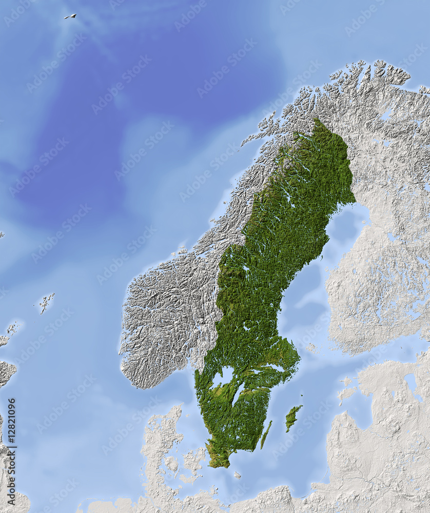 Sweden, shaded relief map, colored for vegetation Stock Illustration ...