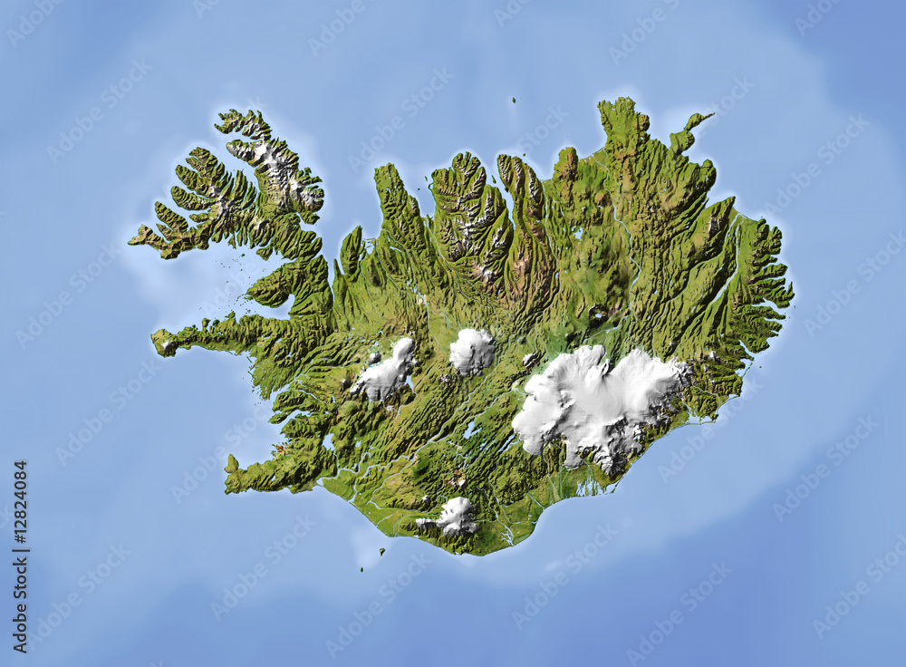 Iceland, shaded relief map, colored for vegetation Stock Illustration ...