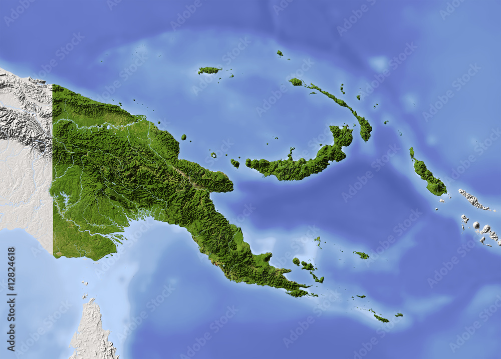 Poster Papua New Guinea, shaded relief map, colored for vegetation ...
