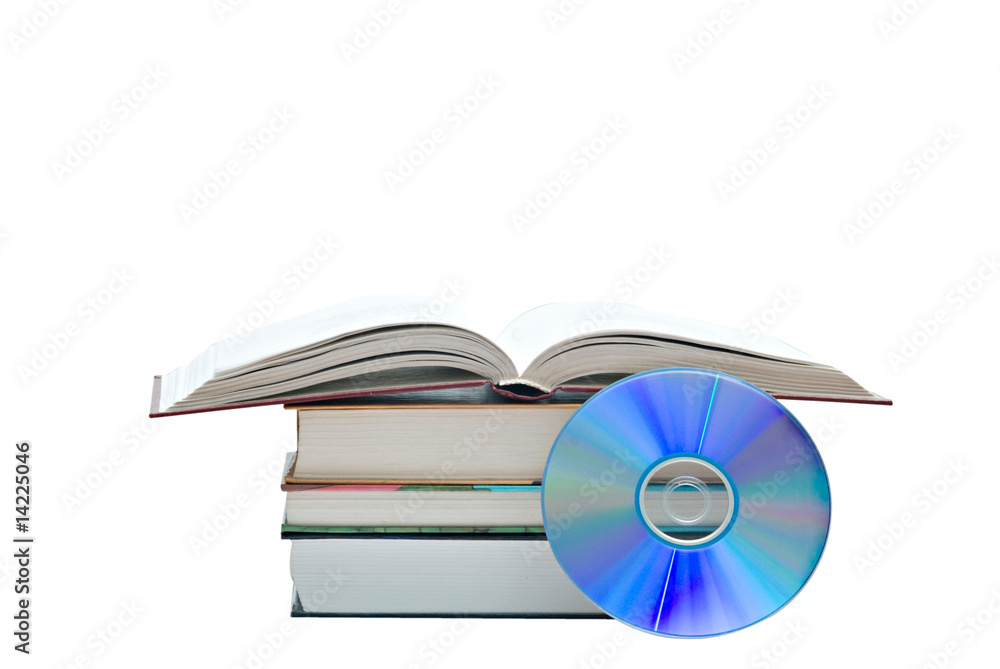 Pile of books, open book, and DVD disk as symbols of old and ne Stock ...