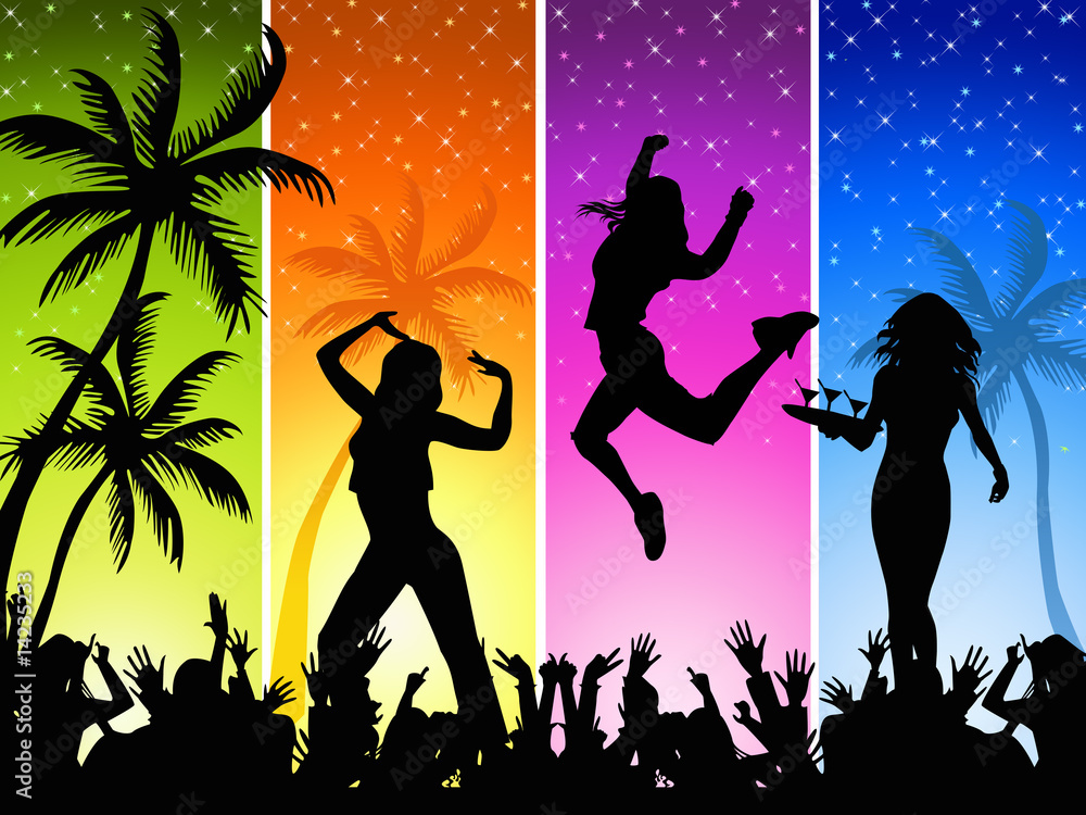 Summer night disco-party on a four-color background Stock Illustration ...