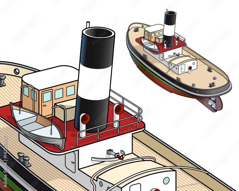 Isometric drawing of a steam tugboat from Falmouth - 1930 Stock Vector ...