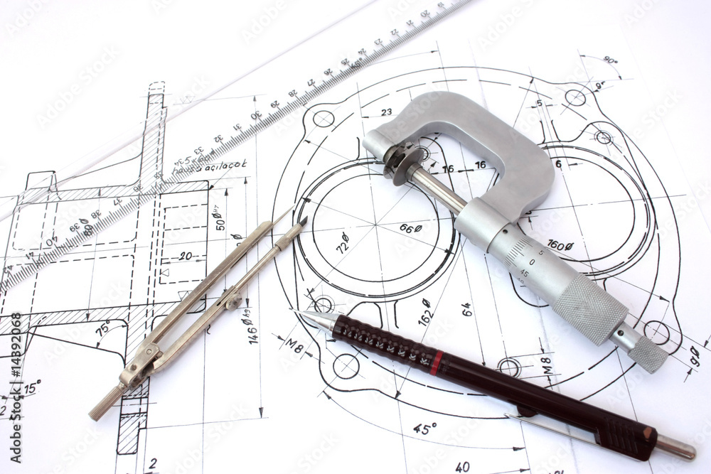 Micrometer, compass, ruler and pencil on technical drawings Stock Photo ...
