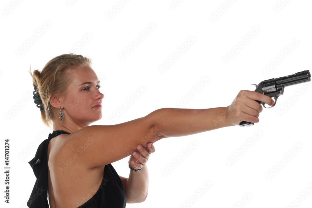 young blond woman in black dress with revolver Stock Photo | Adobe Stock