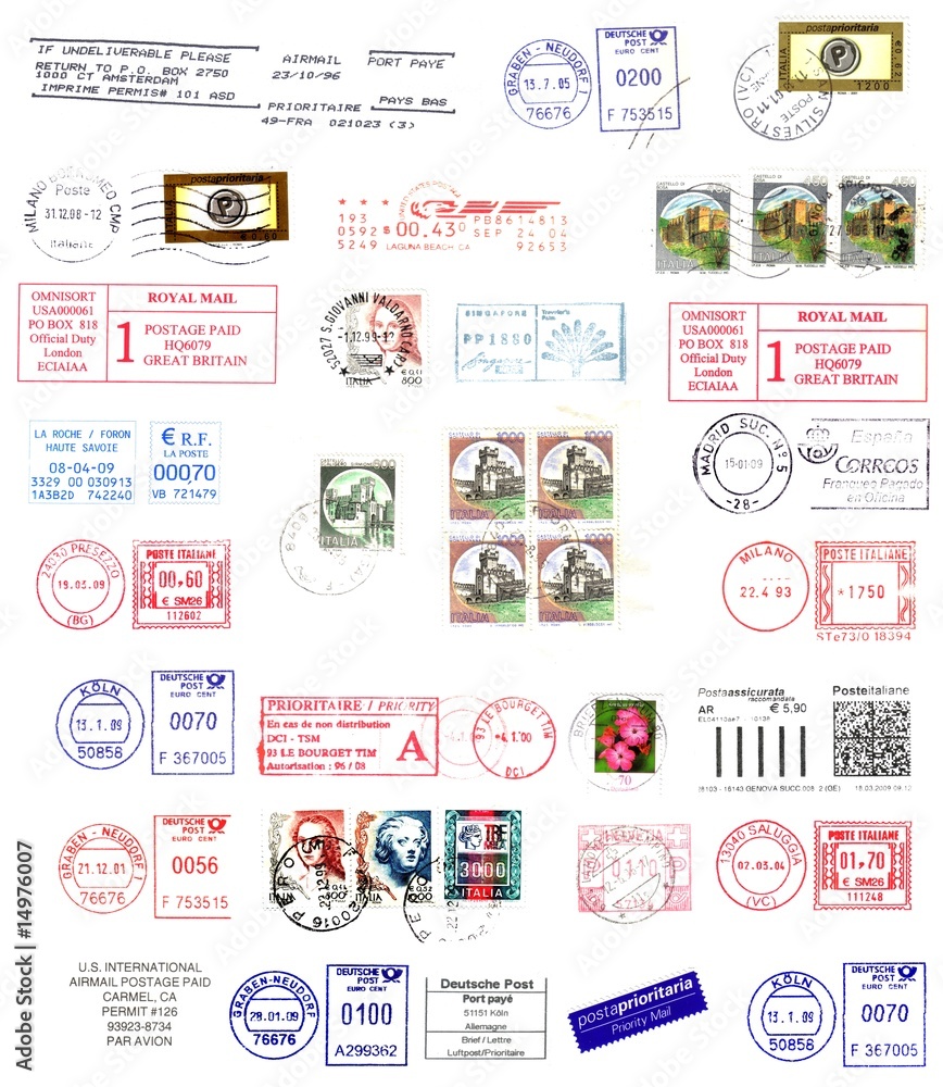 labels, postmarks and stamps from the world Stock Photo | Adobe Stock