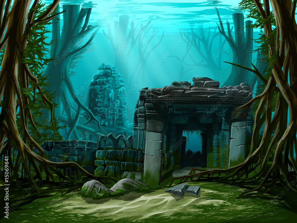 Ancient town ruins. Underwater background. Stock Illustration | Adobe Stock