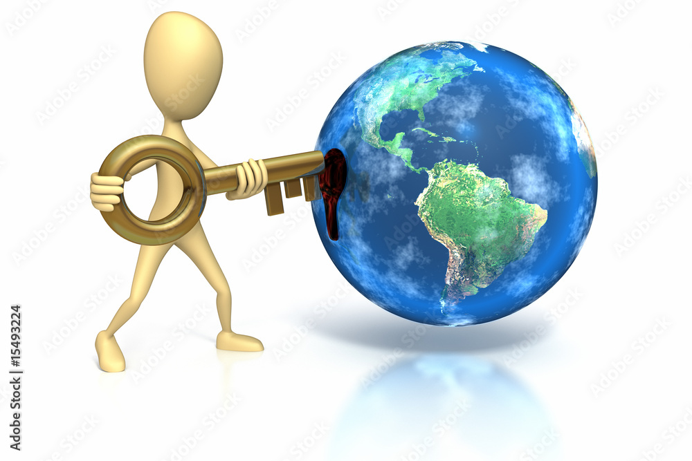 Stick figure inserting key into world Stock Illustration | Adobe Stock