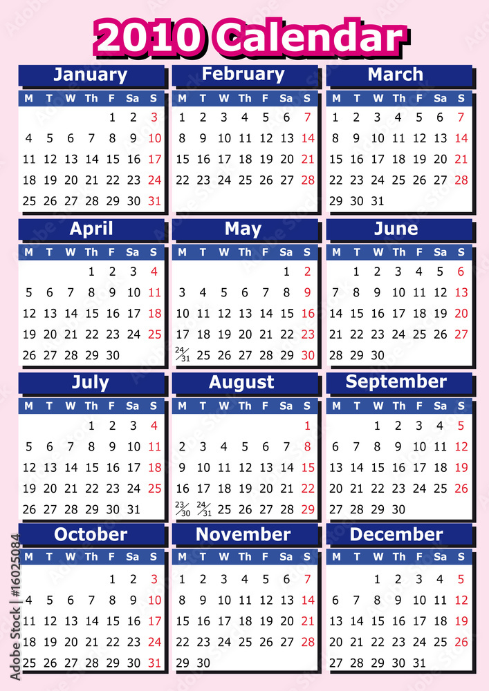 Vetor de English 2010 vector calendar. Week starts on Monday. do Stock ...