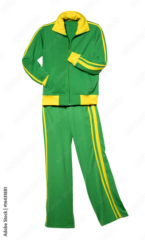 tracksuit sports suit green with yellow applications flat lay isolated ...