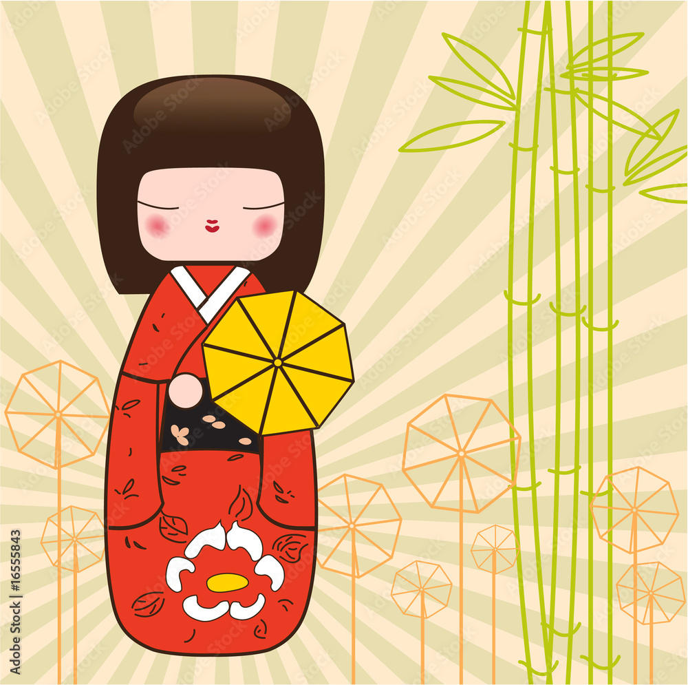Japanese kokeshi doll vector floral bamboo background Stock Vector ...
